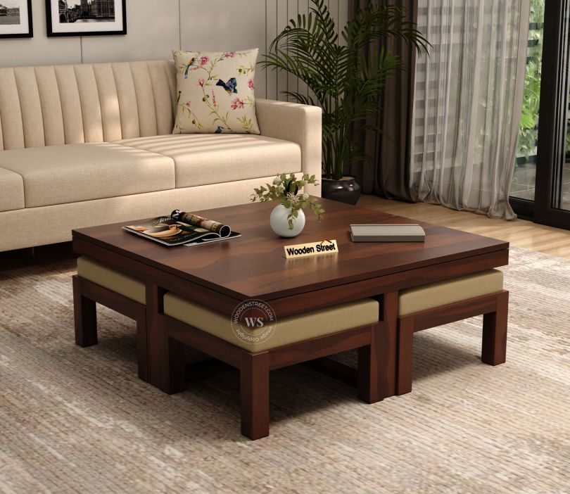 Buy Reid Sheesham Wood Coffee Table with Four Cushioned Stools Walnut Finish at 35 OFF Online Wooden Street
