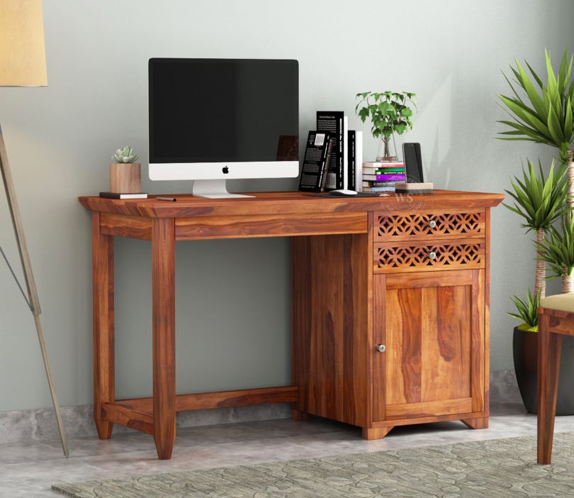 Buy Cambrey Study Table with Two Drawers and Cabinet Honey Finish at 16 OFF Online Wooden Street